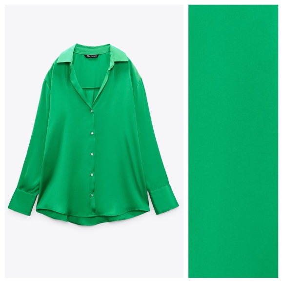 Zara | Tops | Nwt Zara Green Satin Effect Shirtblouse Size S | Poshmark